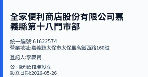 全家便利商店股份有限公司嘉義縣第十八門市部的照片-統編 61622574(嘉義縣) 公司登記資料與營業項目詳細圖表
