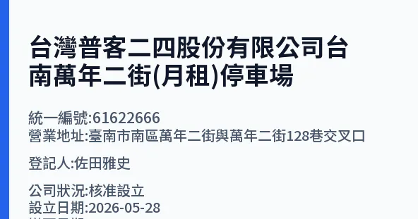 台灣普客二四股份有限公司台南萬年二街【月租】停車場的照片-統編 61622666(臺南市) 公司登記資料與營業項目詳細圖表
