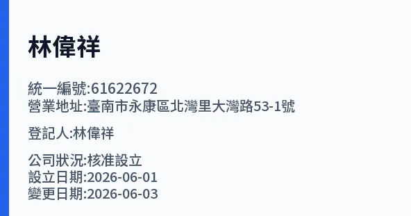 林偉祥的照片-統編 61622672(臺南市) 公司登記資料與營業項目詳細圖表