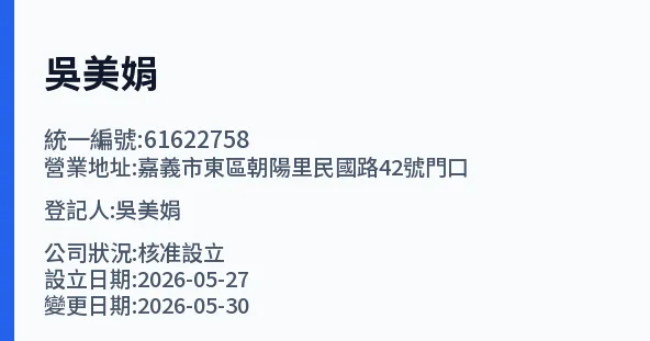 吳美娟的照片-統編 61622758(嘉義市) 公司登記資料與營業項目詳細圖表