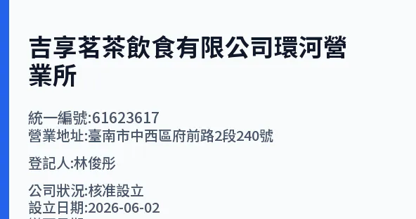 吉享茗茶飲食有限公司環河營業所的照片-統編 61623617(臺南市) 公司登記資料與營業項目詳細圖表