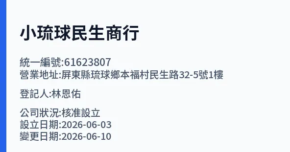 小琉球民生商行的照片-統編 61623807(屏東縣) 公司登記資料與營業項目詳細圖表