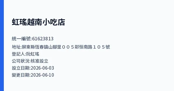 虹瑤越南小吃店的照片-統編 61623813(屏東縣) 公司登記資料與營業項目詳細圖表