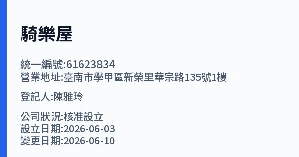 騎樂屋的照片-統編 61623834(臺南市) 公司登記資料與營業項目詳細圖表
