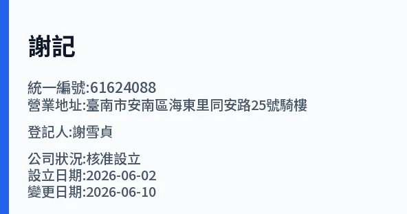 謝記的照片-統編 61624088(臺南市) 公司登記資料與營業項目詳細圖表