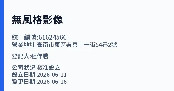 無風格影像的照片-統編 61624566(臺南市) 公司登記資料與營業項目詳細圖表