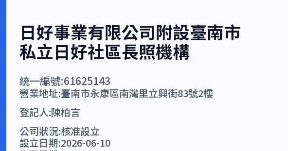 日好事業有限公司附設臺南市私立日好社區長照機構的照片-統編 61625143(臺南市) 公司登記資料與營業項目詳細圖表