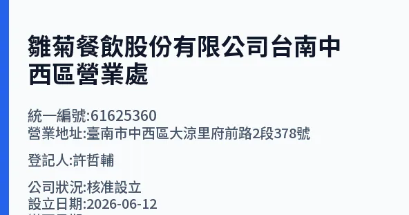 雛菊餐飲股份有限公司台南中西區營業處的照片-統編 61625360(臺南市) 公司登記資料與營業項目詳細圖表