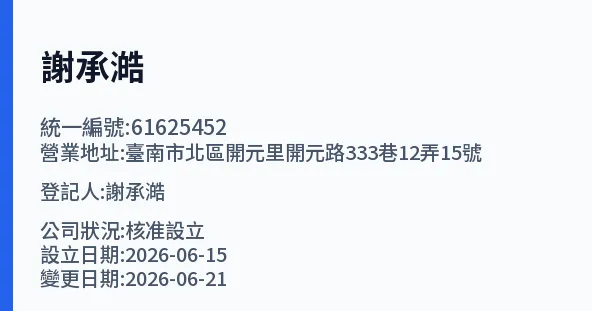謝承澔的照片-統編 61625452(臺南市) 公司登記資料與營業項目詳細圖表