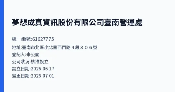 夢想成真資訊股份有限公司臺南營運處的照片-統編 61627775(臺南市) 公司登記資料與營業項目詳細圖表