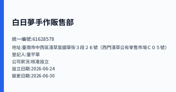 白日夢手作販售部的照片-統編 61628578(臺南市) 公司登記資料與營業項目詳細圖表