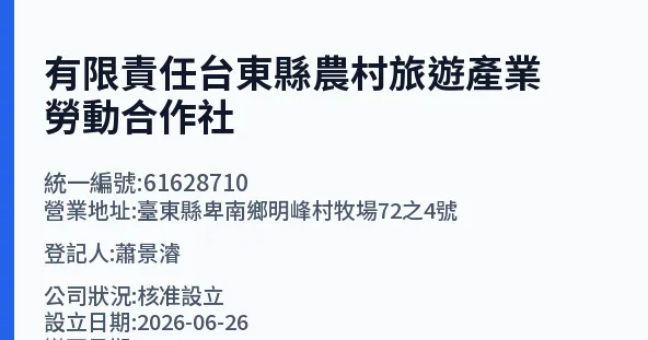 有限責任台東縣農村旅遊產業勞動合作社的照片-統編 61628710(臺東縣) 公司登記資料與營業項目詳細圖表