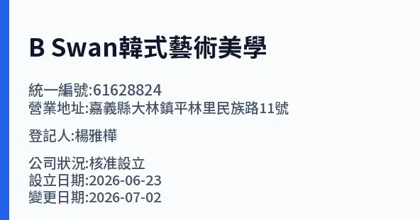 B Swan韓式藝術美學的照片-統編 61628824(嘉義縣) 公司登記資料與營業項目詳細圖表