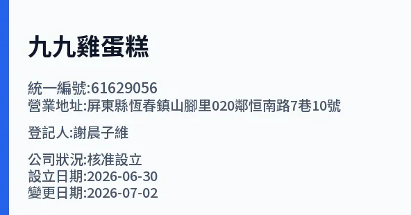 九九雞蛋糕的照片-統編 61629056(屏東縣) 公司登記資料與營業項目詳細圖表