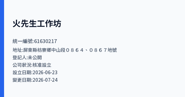 火先生工作坊的照片-統編 61630217 公司登記資料與營業項目詳細圖表