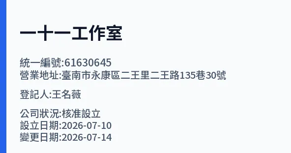 一十一工作室的照片-統編 61630645(臺南市) 公司登記資料與營業項目詳細圖表