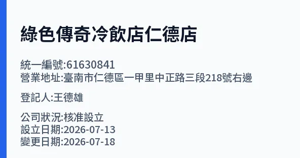 綠色傳奇冷飲店仁德店的照片-統編 61630841(臺南市) 公司登記資料與營業項目詳細圖表