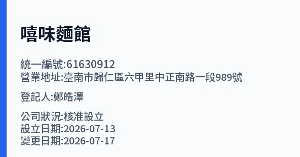嘻味麵館的照片-統編 61630912(臺南市) 公司登記資料與營業項目詳細圖表