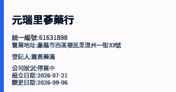 元瑞里蔘藥行的照片-統編 61631898(嘉義市) 公司登記資料與營業項目詳細圖表
