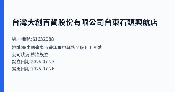 台灣大創百貨股份有限公司台東石頭興航店的照片-統編 61632088(臺東縣) 公司登記資料與營業項目詳細圖表
