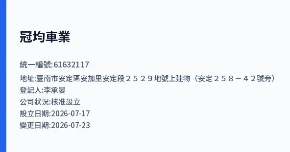 冠均車業的照片-統編 61632117(臺南市) 公司登記資料與營業項目詳細圖表