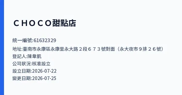 CHOCO甜點店的照片-統編 61632329(臺南市) 公司登記資料與營業項目詳細圖表