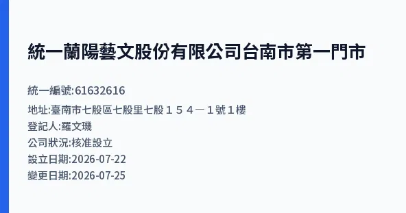統一蘭陽藝文股份有限公司台南市第一門市的照片-統編 61632616(臺南市) 公司登記資料與營業項目詳細圖表