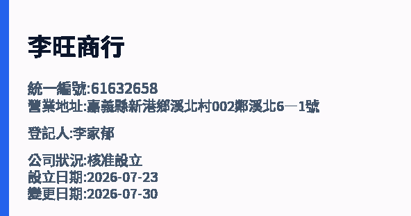 李旺商行的照片-統編 61632658(嘉義縣) 公司登記資料與營業項目詳細圖表