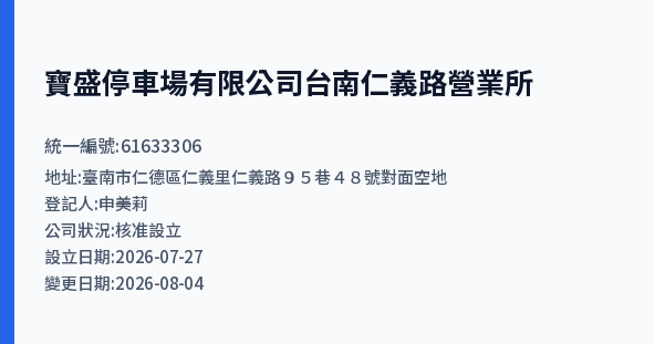 寶盛停車場有限公司台南仁義路營業所的照片-統編 61633306(臺南市) 公司登記資料與營業項目詳細圖表