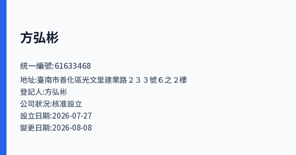 方弘彬的照片-統編 61633468(臺南市) 公司登記資料與營業項目詳細圖表