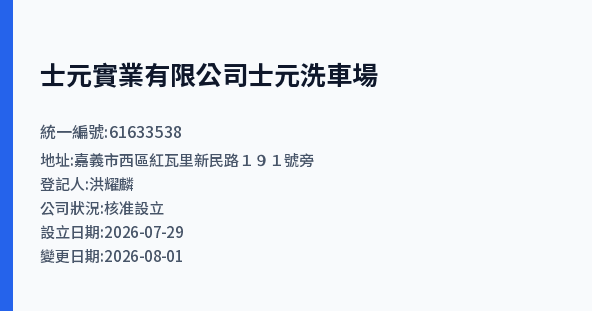 士元實業有限公司士元洗車場的照片-統編 61633538(嘉義市) 公司登記資料與營業項目詳細圖表