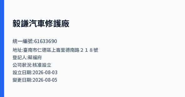 毅謙汽車修護廠的照片-統編 61633690(臺南市) 公司登記資料與營業項目詳細圖表