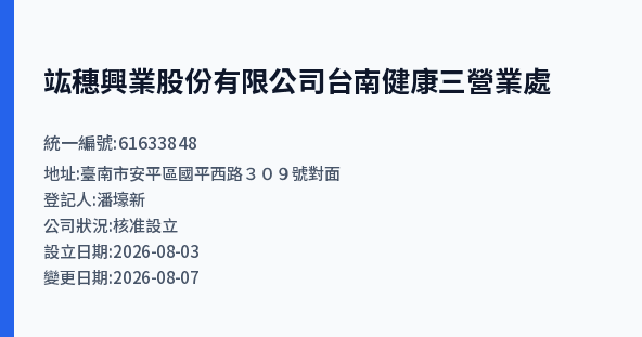 竑穗興業股份有限公司台南健康三營業處的照片-統編 61633848(臺南市) 公司登記資料與營業項目詳細圖表