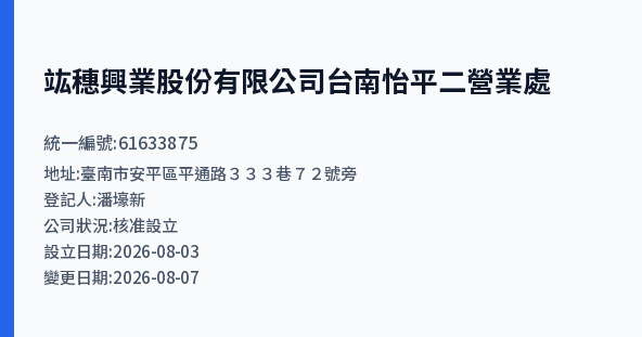 竑穗興業股份有限公司台南怡平二營業處的照片-統編 61633875(臺南市) 公司登記資料與營業項目詳細圖表