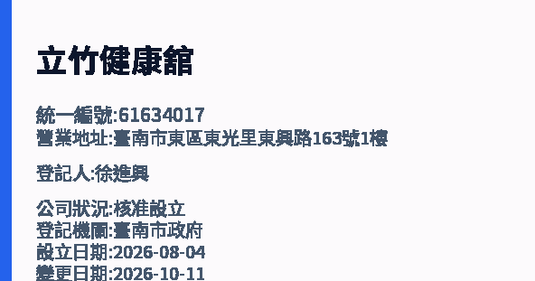 立竹健康舘的照片-統編 61634017(臺南市) 公司登記資料與營業項目詳細圖表