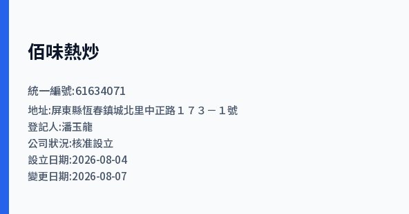 佰味熱炒的照片-統編 61634071(屏東縣) 公司登記資料與營業項目詳細圖表