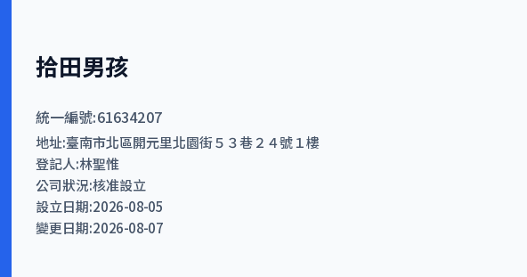 拾田男孩的照片-統編 61634207(臺南市) 公司登記資料與營業項目詳細圖表