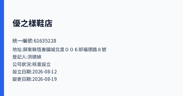 優之樣鞋店的照片-統編 61635228(屏東縣) 公司登記資料與營業項目詳細圖表