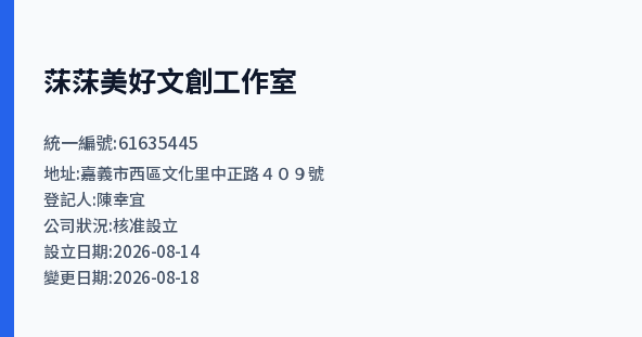 莯莯美好文創工作室的照片-統編 61635445(嘉義市) 公司登記資料與營業項目詳細圖表