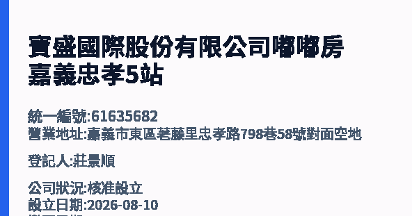 寶盛國際股份有限公司嘟嘟房嘉義忠孝5站的照片-統編 61635682(嘉義市) 公司登記資料與營業項目詳細圖表