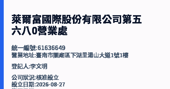 萊爾富國際股份有限公司第五六八0營業處的照片-統編 61636649(臺南市) 公司登記資料與營業項目詳細圖表