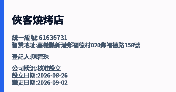 俠客燒烤店的照片-統編 61636731(嘉義縣) 公司登記資料與營業項目詳細圖表