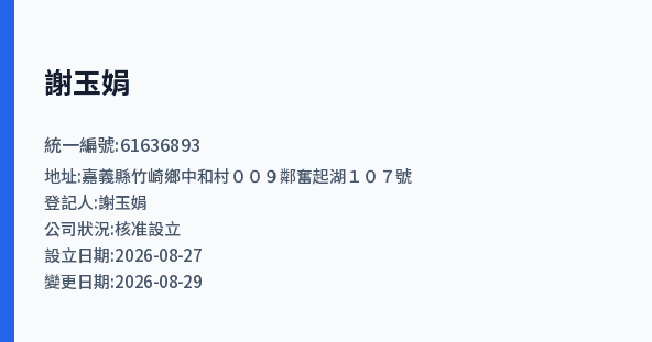 謝玉娟的照片-統編 61636893(嘉義縣) 公司登記資料與營業項目詳細圖表