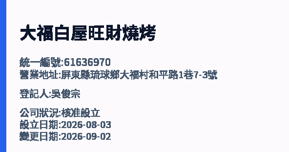 大福白屋旺財燒烤的照片-統編 61636970(屏東縣) 公司登記資料與營業項目詳細圖表