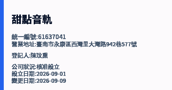 甜點音軌的照片-統編 61637041(臺南市) 公司登記資料與營業項目詳細圖表