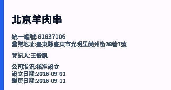北京羊肉串的照片-統編 61637106(臺東縣) 公司登記資料與營業項目詳細圖表