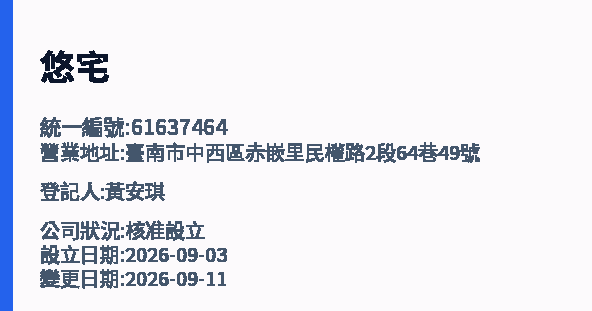 悠宅的照片-統編 61637464(臺南市) 公司登記資料與營業項目詳細圖表
