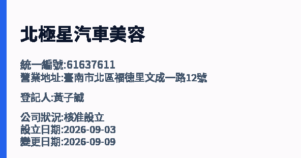 北極星汽車美容的照片-統編 61637611(臺南市) 公司登記資料與營業項目詳細圖表
