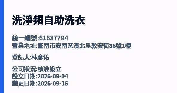 洗淨頻自助洗衣的照片-統編 61637794(臺南市) 公司登記資料與營業項目詳細圖表