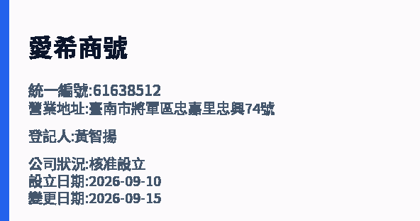愛希商號的照片-統編 61638512(臺南市) 公司登記資料與營業項目詳細圖表